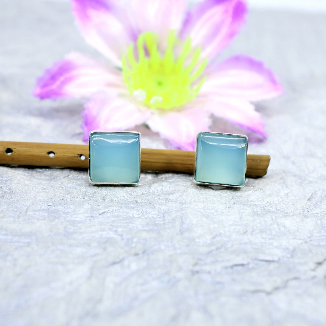 925 Sterling Silver Aqua Chalcedony Square Shape Stud Earrings - Etsy