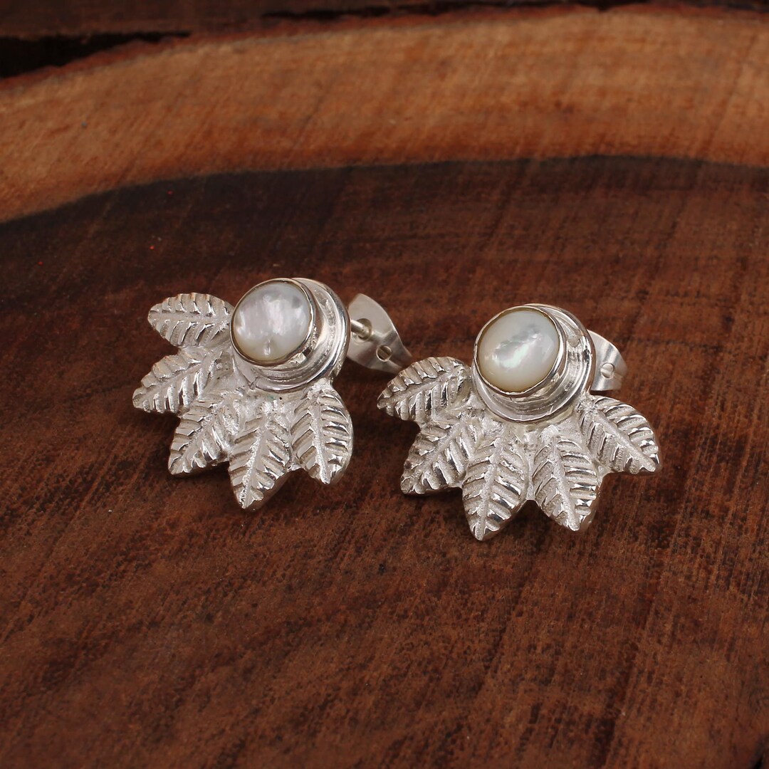 Pearl Leaf Stud Earrings: Silver Plated Brass, Mother of Pearl - Etsy ...