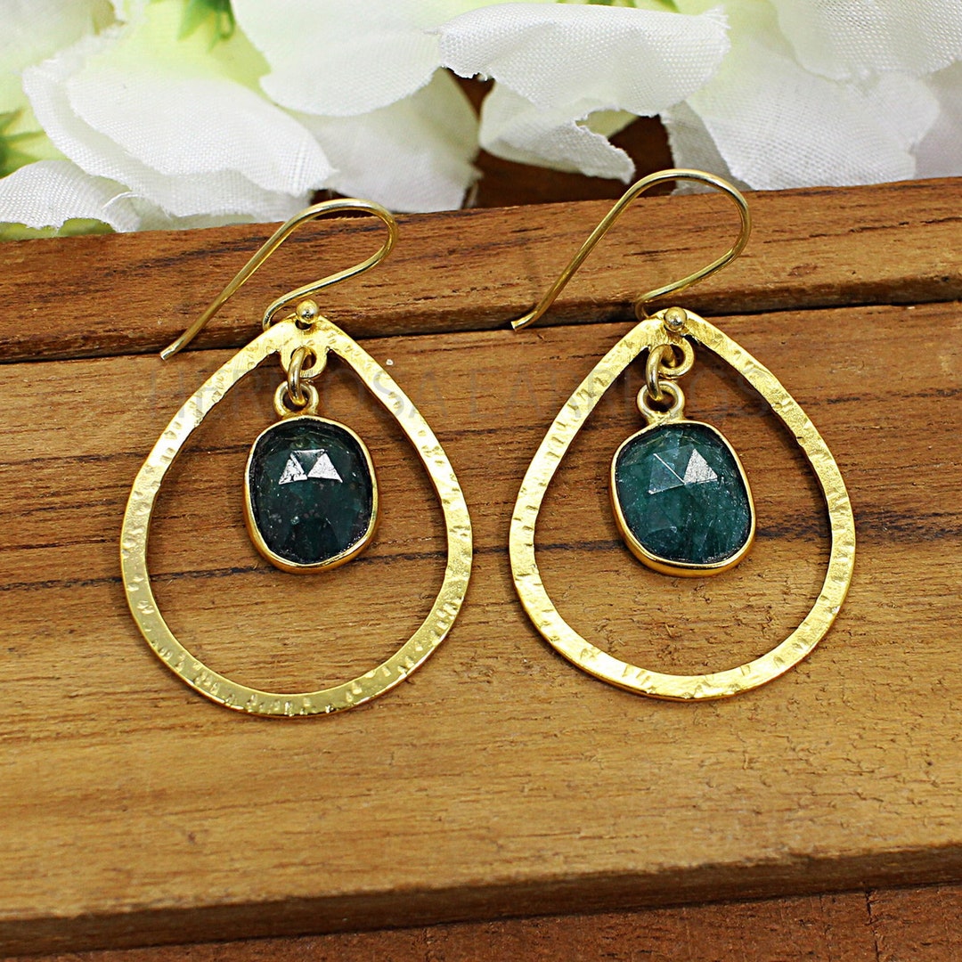 Emerald Corundum Earrings Gemstone Oval Brass Earrings - Etsy UK