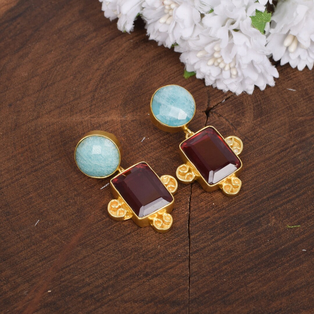 Amazonite and Red Hydro Gemstone Handmade Earrings for Woman - Etsy