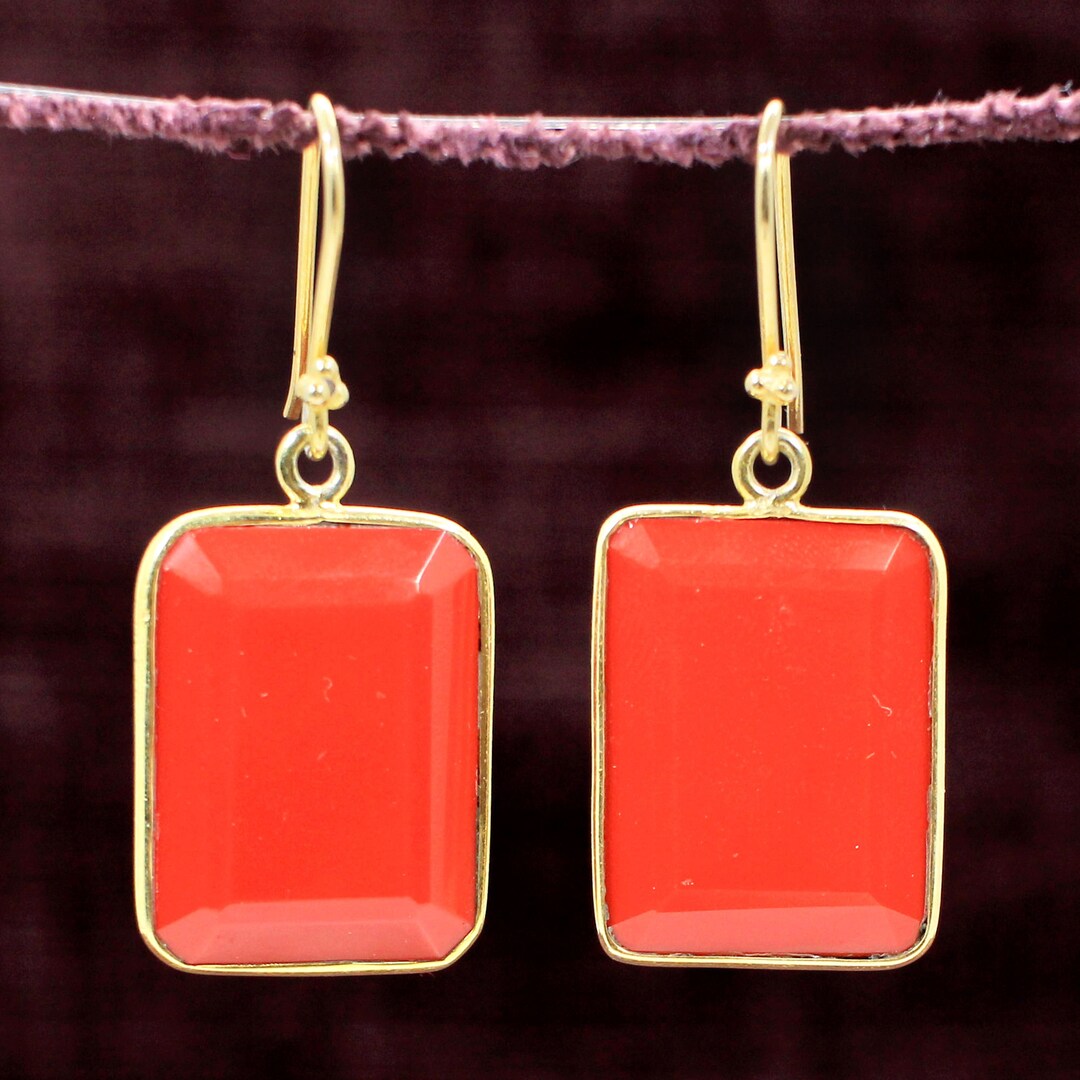 Boucles d'oreilles carrées en corail rouge, bijoux en laiton - Etsy France