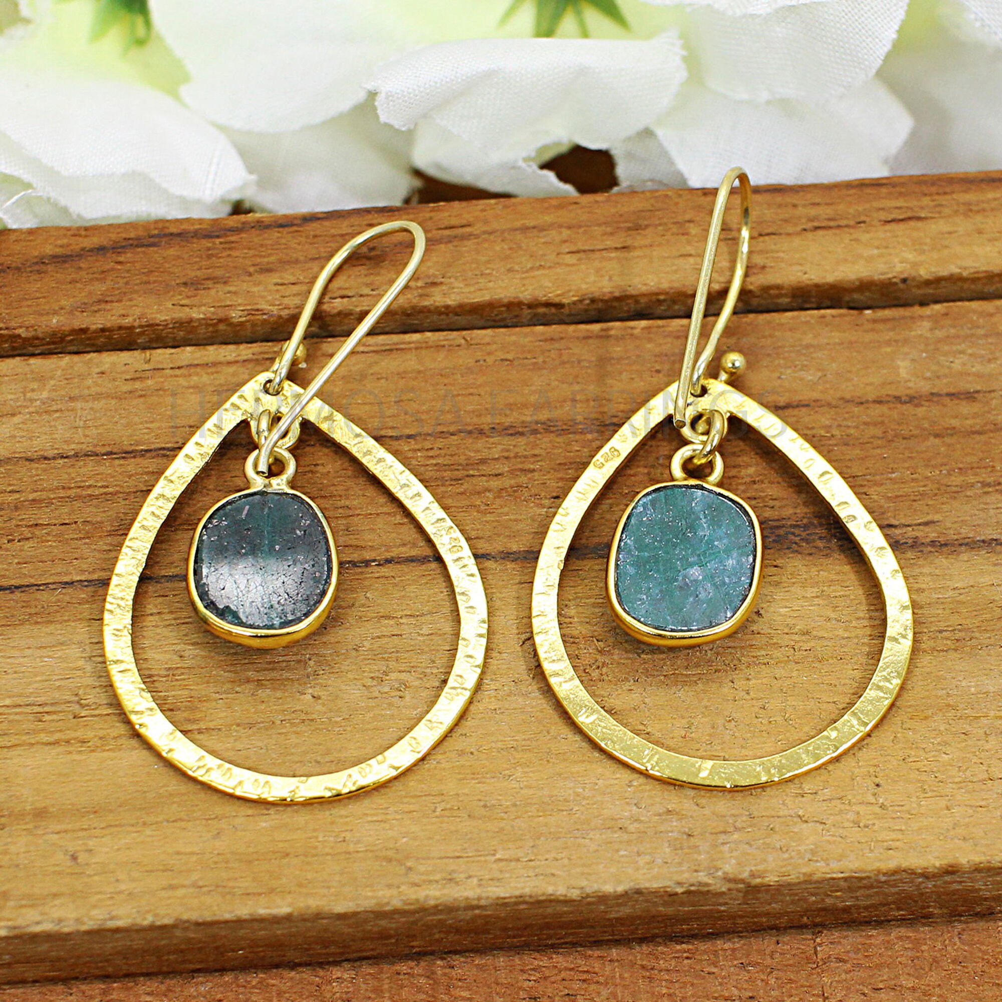 Emerald Corundum Earrings Gemstone Oval Brass Earrings - Etsy UK