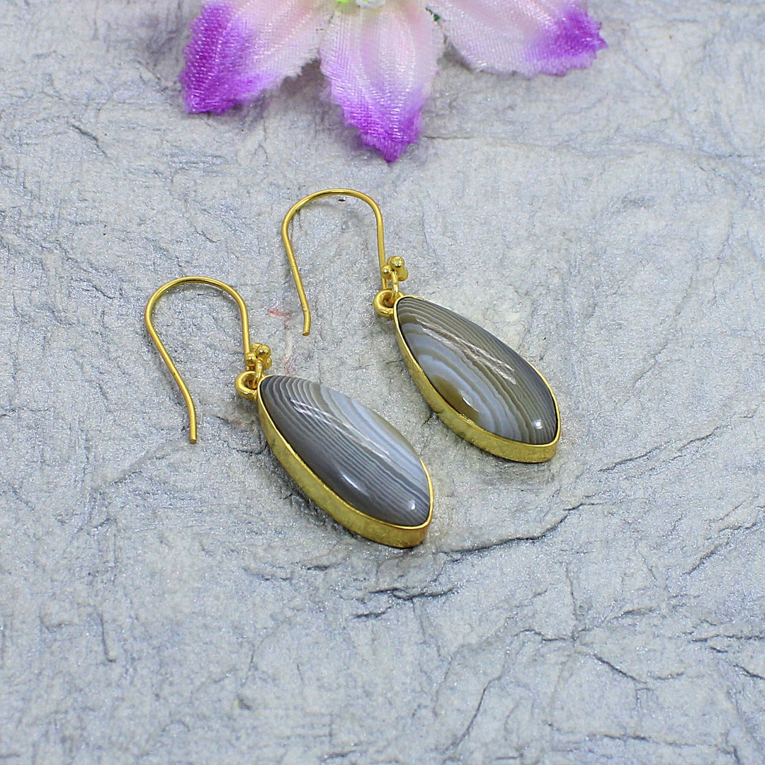 Botswana Agate Brass Dangle Earrings: Handmade Women's Jewelry - Etsy