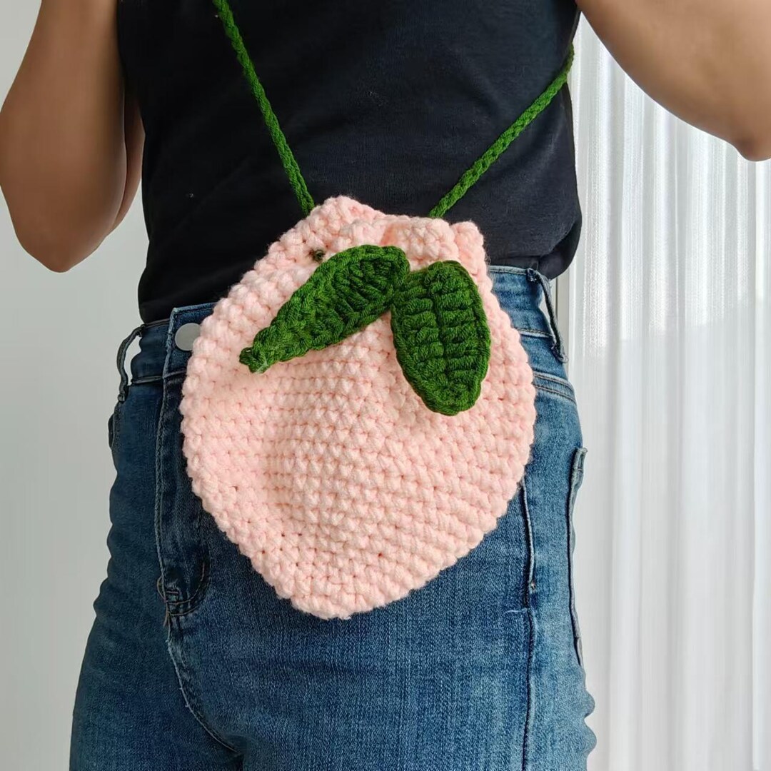 Crochet Peach Drawstring Pouch, Amigurumi Peach Purse, Handmade Fruit ...