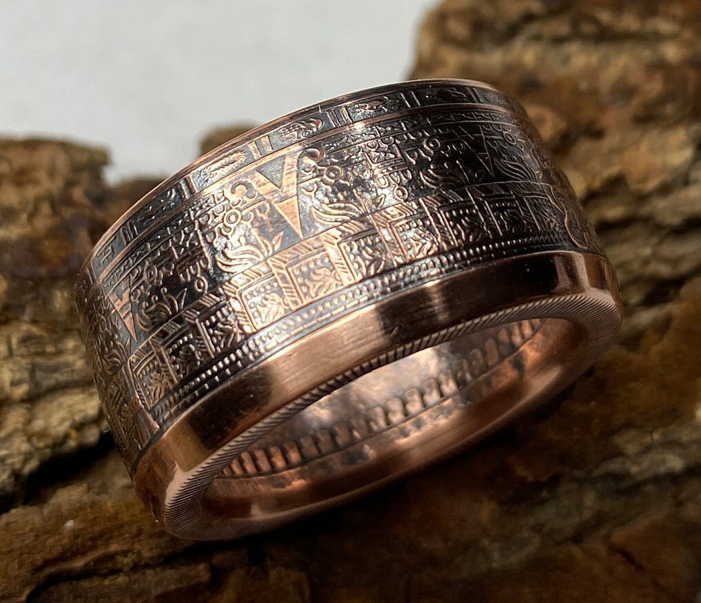 Copper Aztec Calendar Coin Ring, Coin Ring, Mayan Ring, Copper Ring ...