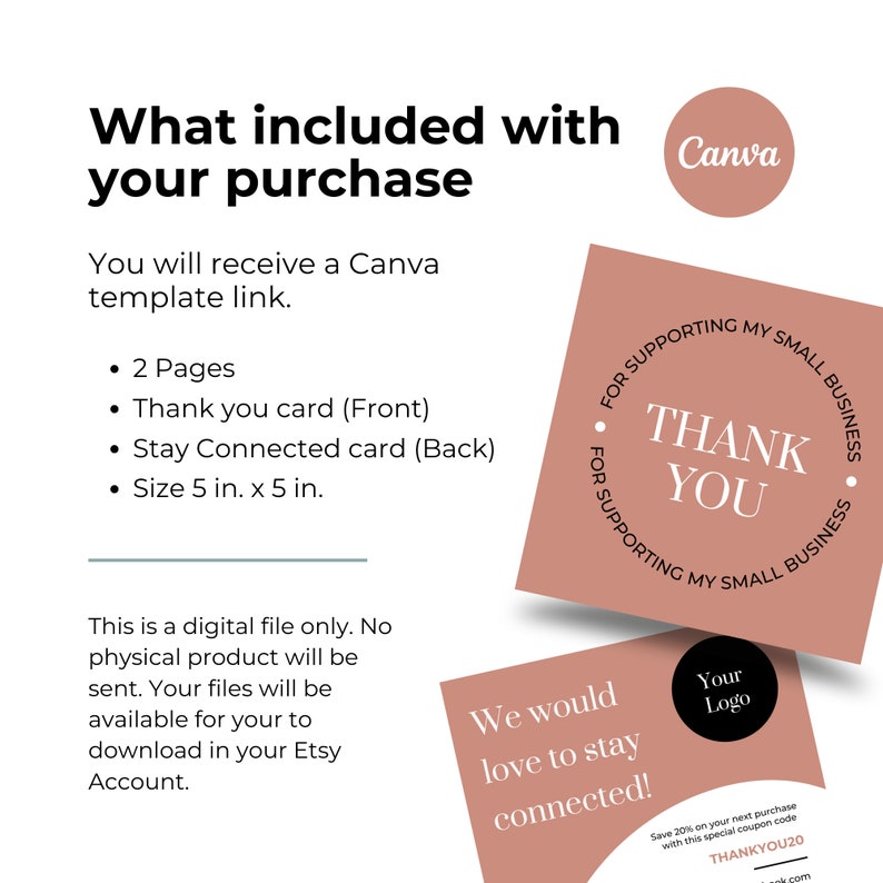 Thank You Card Template Canva- Business Thank You Card Insert, Canva ...