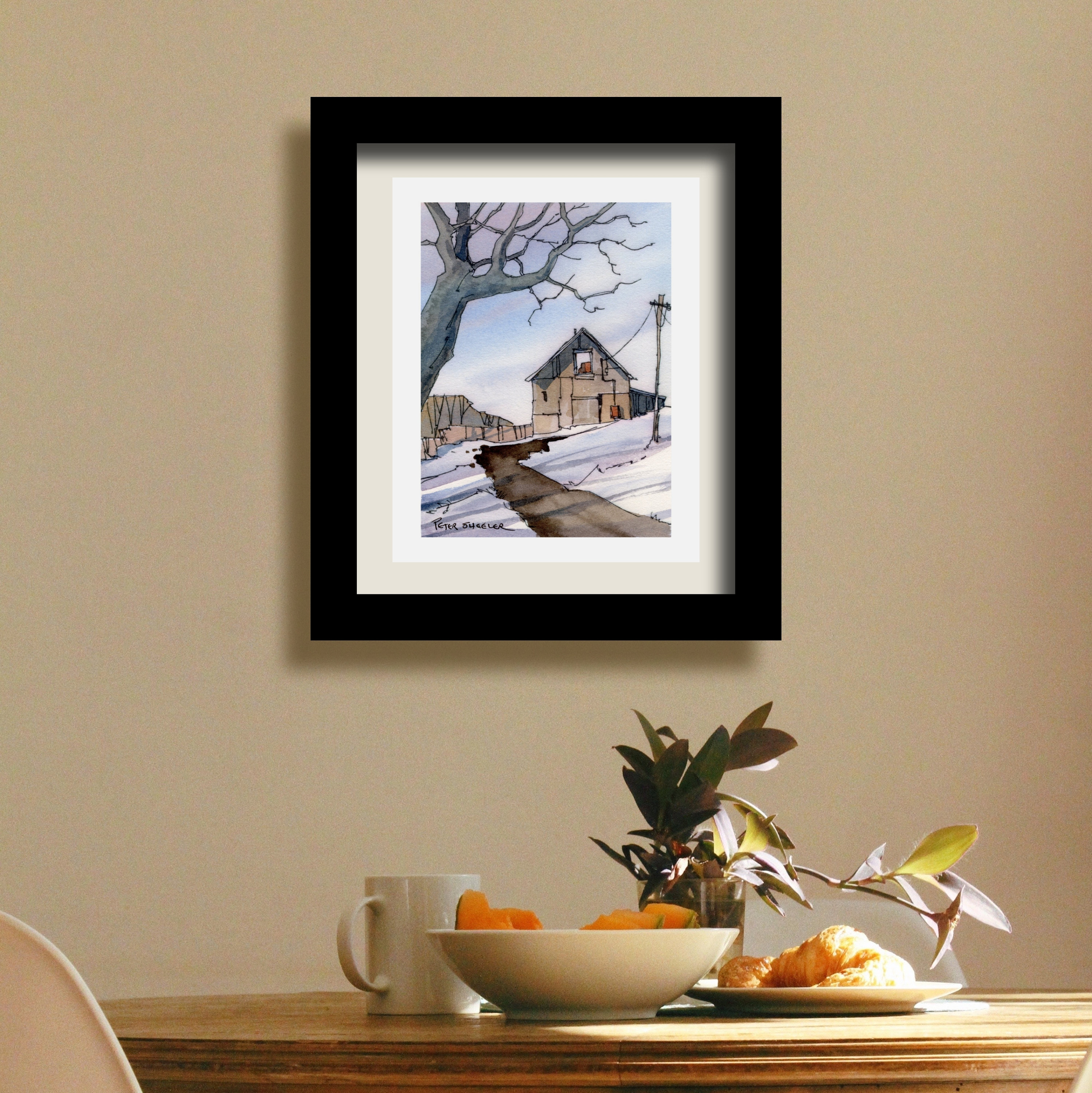 Paint Along Winter Farm Shadows on Snow Coloring Page, Watercolor Fine ...