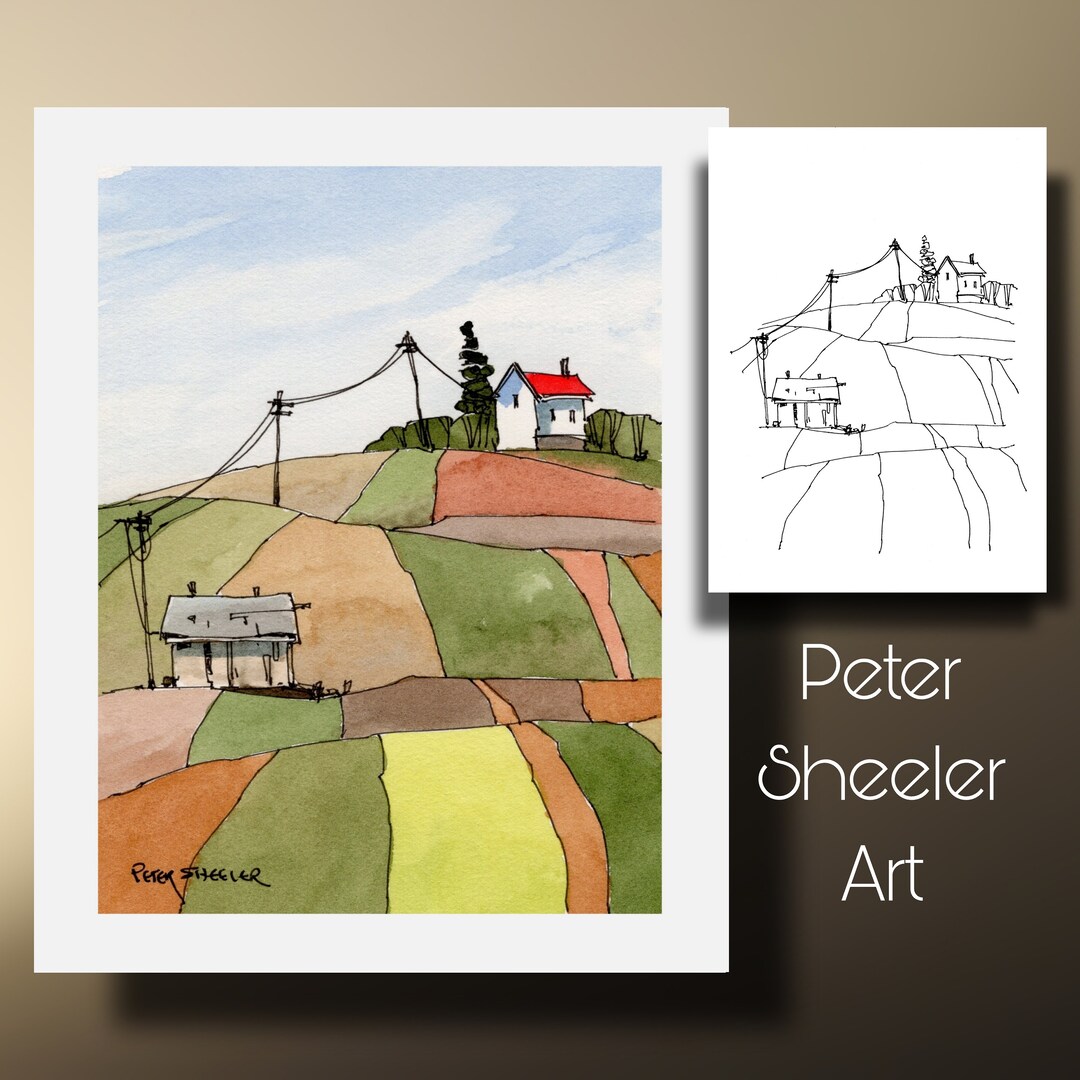 Paint Along Patchwork Farm Fields Coloring Page, Watercolor Fine Art ...