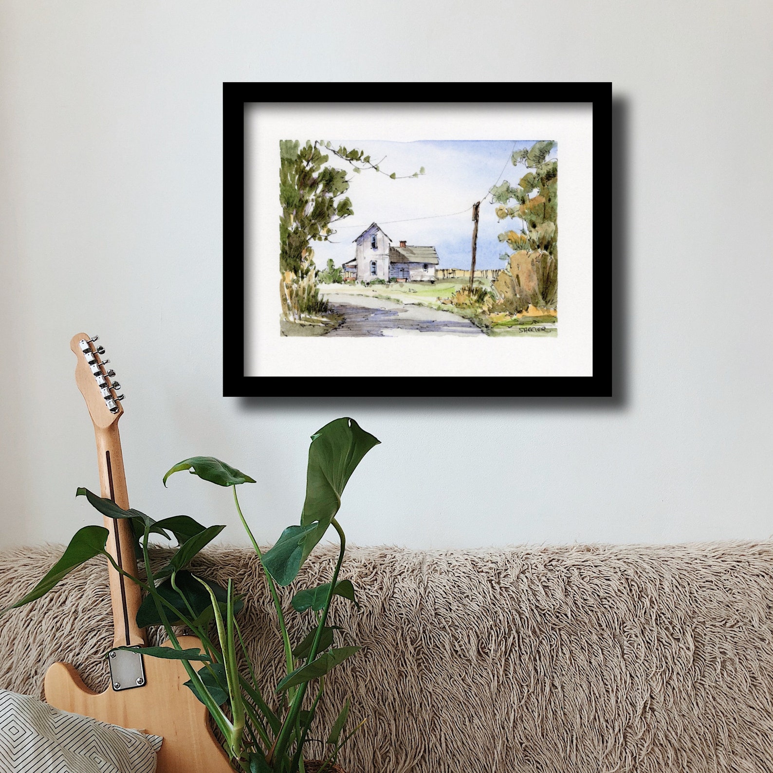 Farmhouse Print and Greeting Card, Line and Wash Watercolor, Country ...