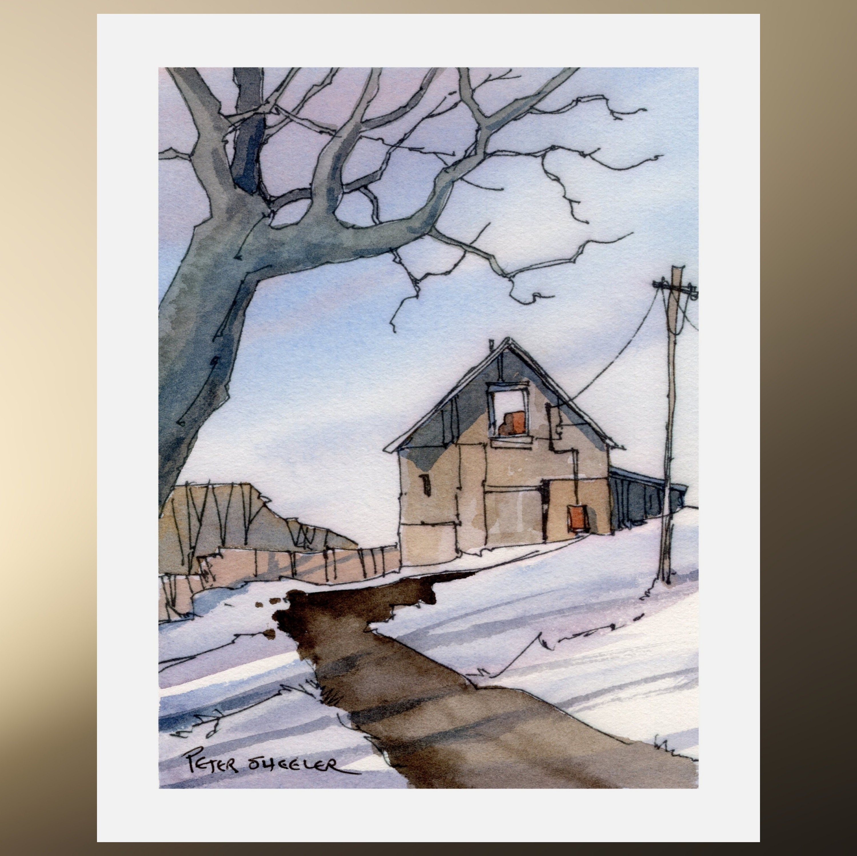 Paint Along Winter Farm Shadows on Snow Coloring Page, Watercolor Fine ...