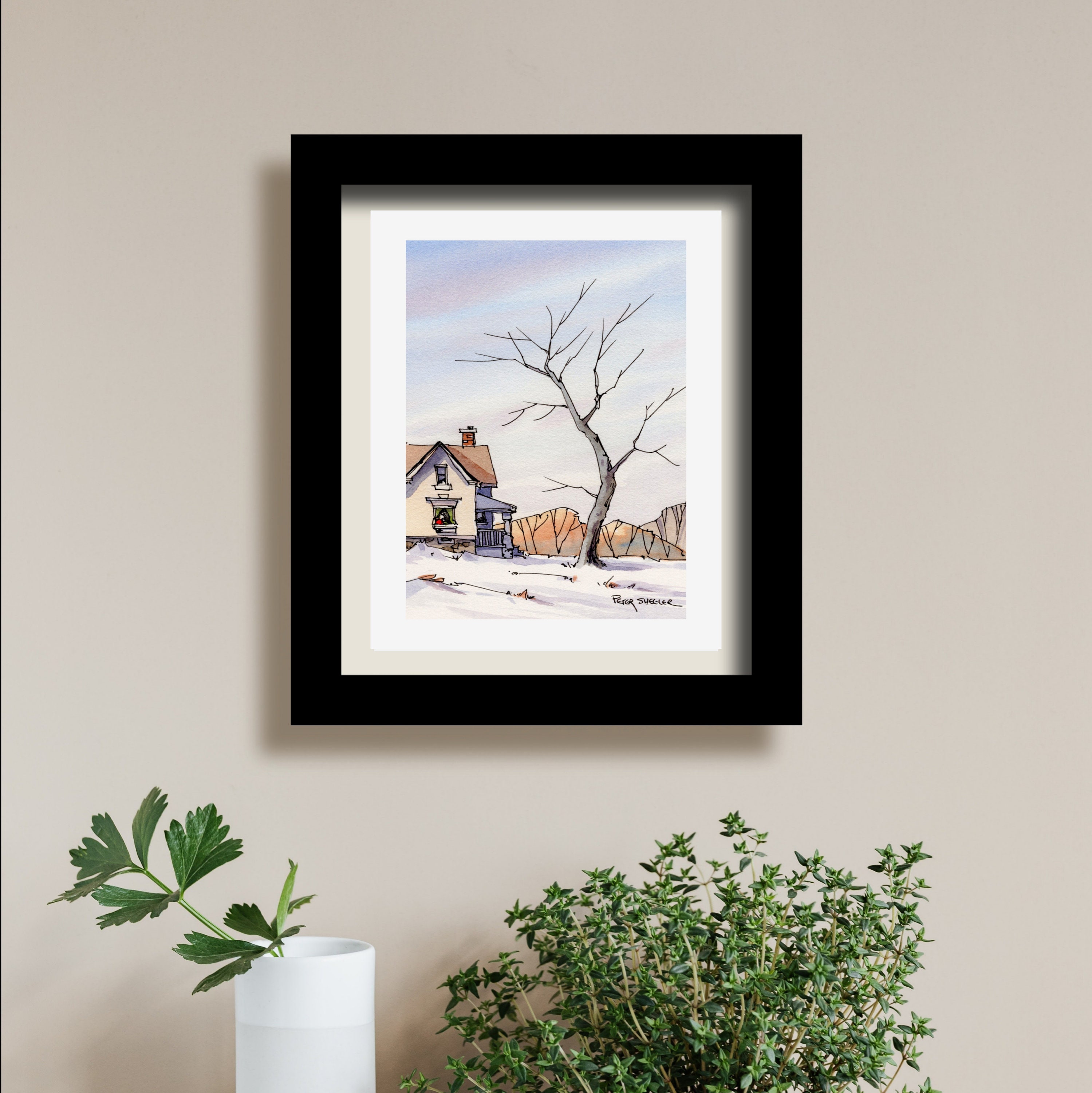 Paint Along Winter Farmhouse Coloring Page, Watercolor Fine Art Wall ...