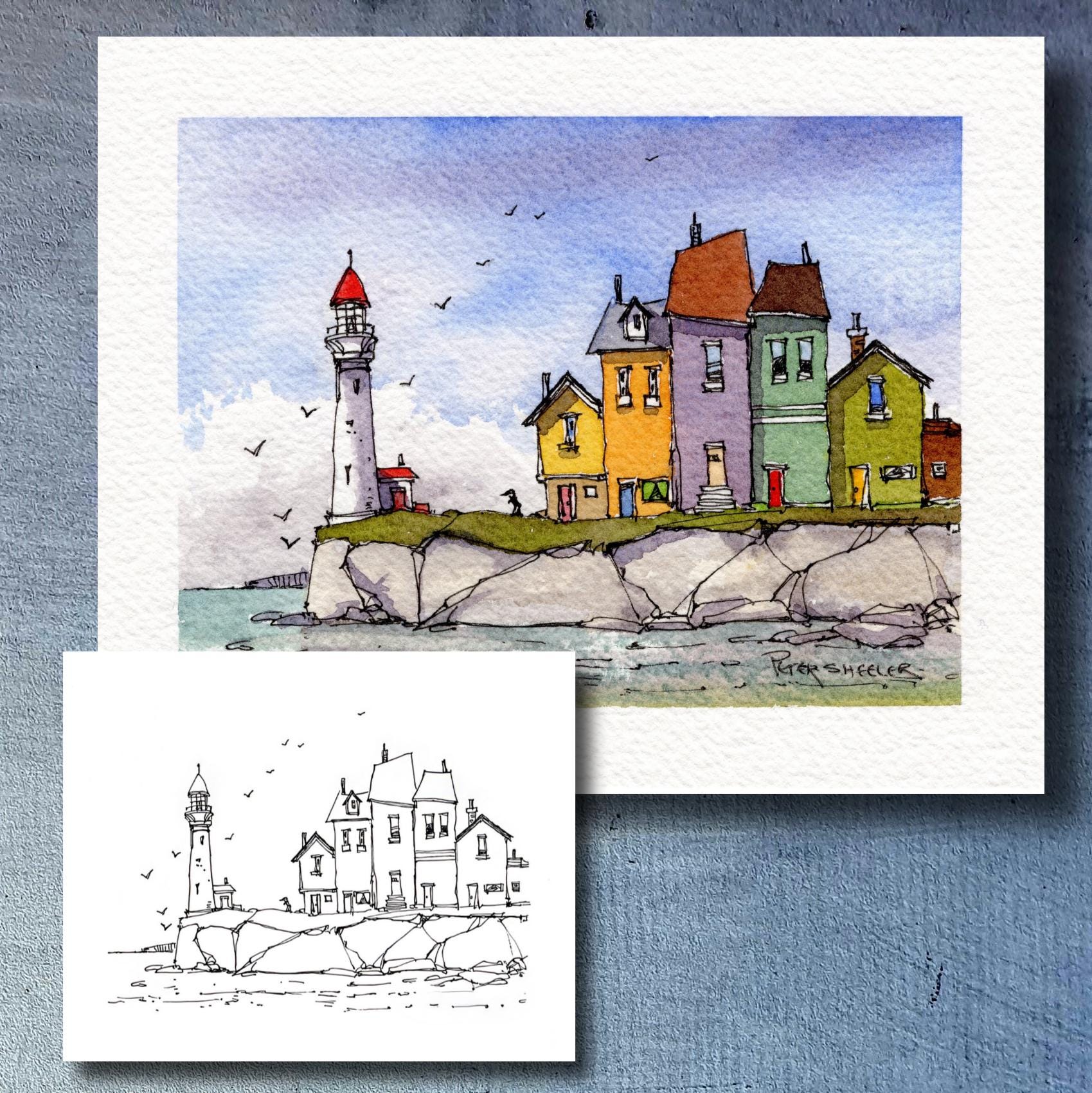 Seaside Village Coloring Page and Art Print, East Coast Fishing ...