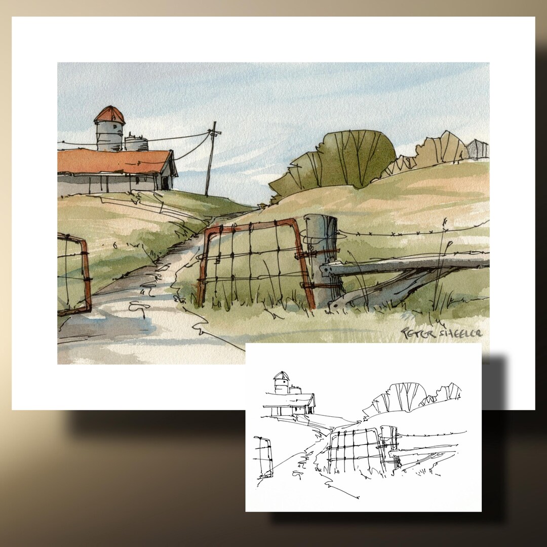 Paint Along Farm Gate and Barn, Coloring Page, Watercolor Fine Art Wall ...