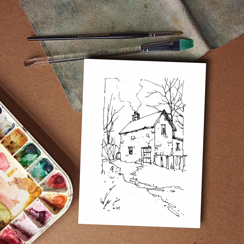 Old Stone Farmhouse Coloring Page, Watercolor Fine Art Wall Print ...