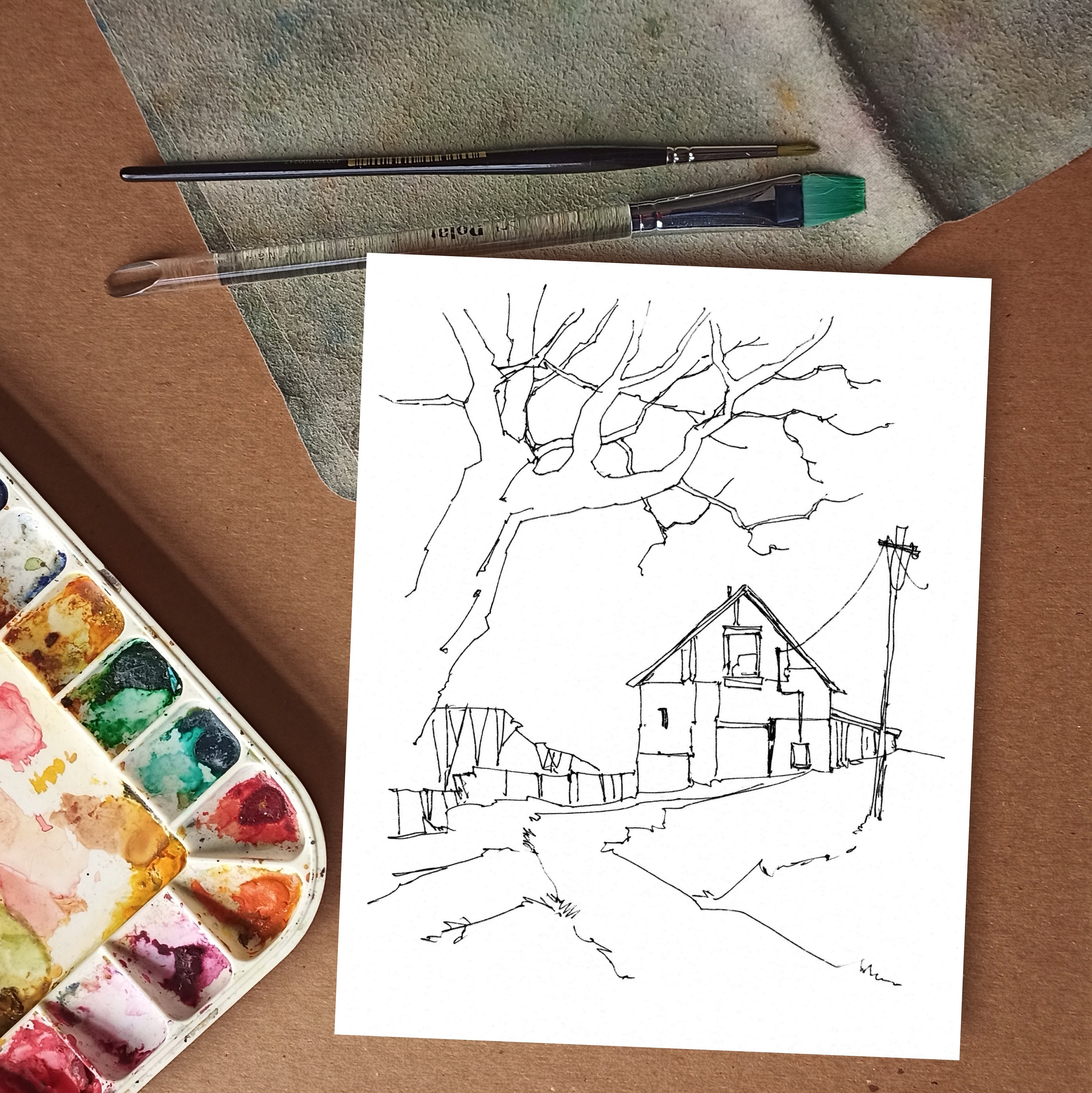 Paint Along Winter Farm Shadows on Snow Coloring Page, Watercolor Fine ...