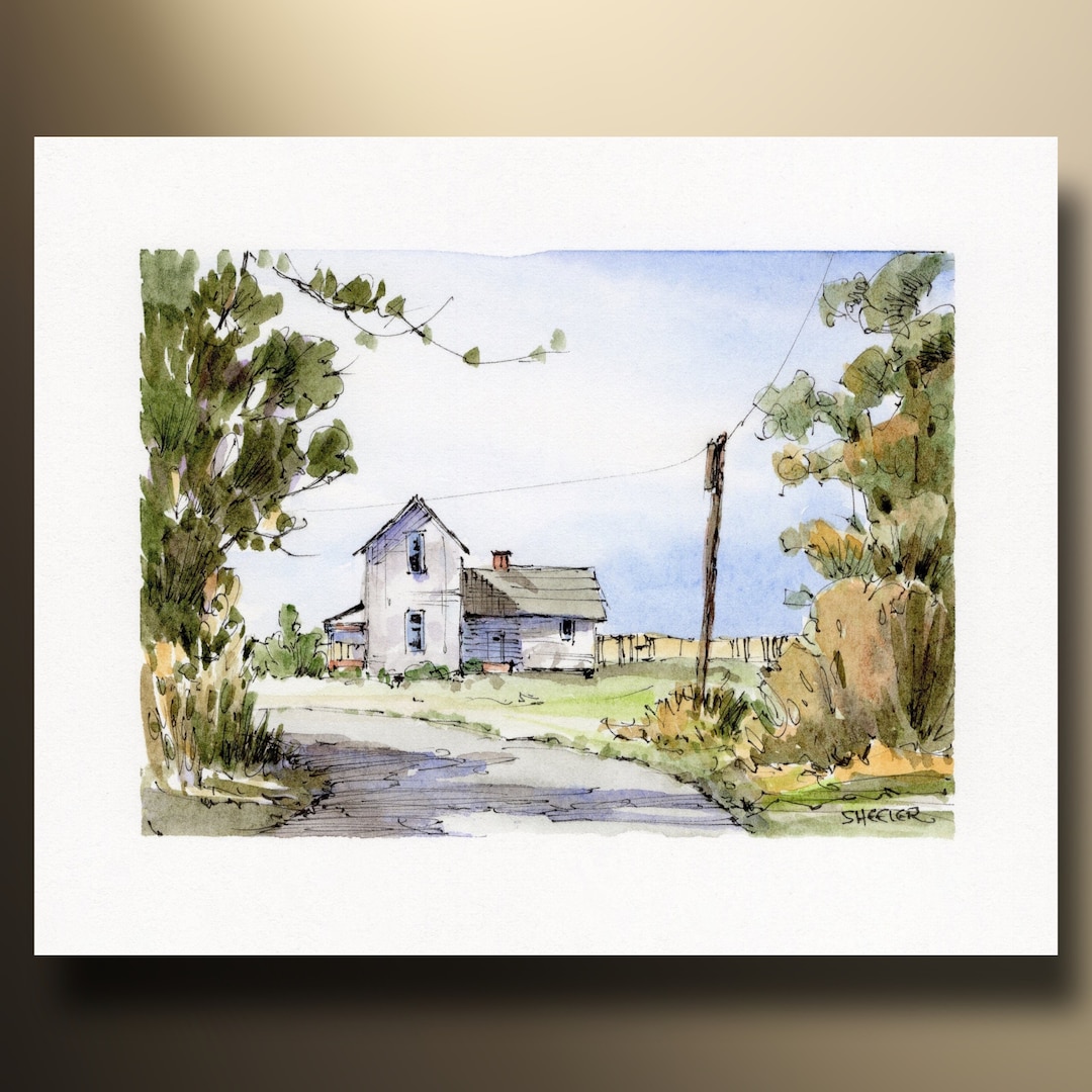 Farmhouse Print and Greeting Card, Line and Wash Watercolor, Country ...