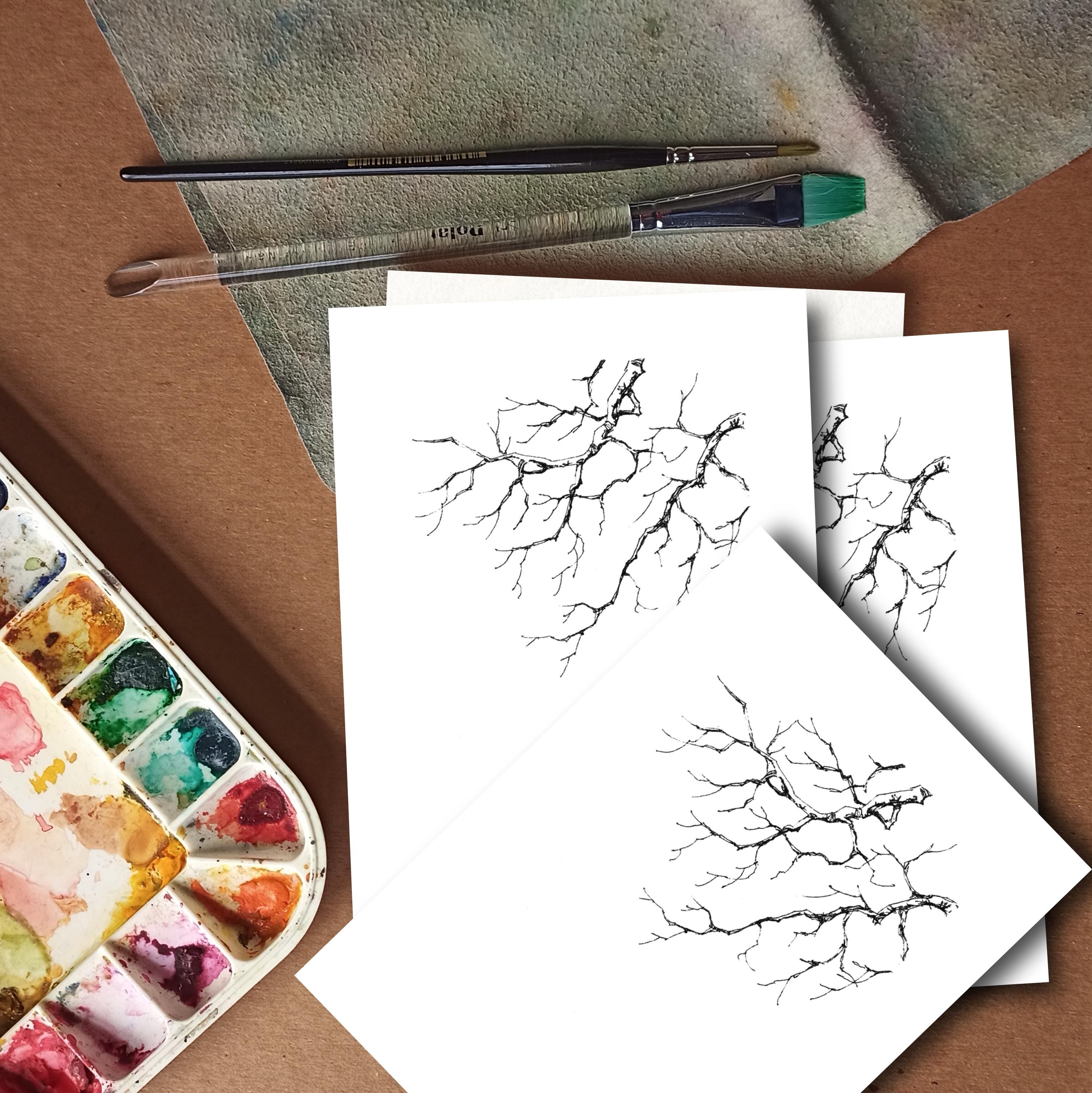 Paint Along Trees and Branches Coloring Page, Watercolor Fine Art Wall ...