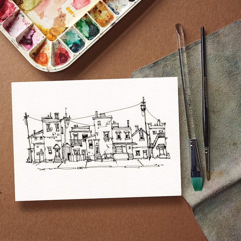 Paint Along City Street Coloring Page, Watercolor Fine Art Wall Print ...