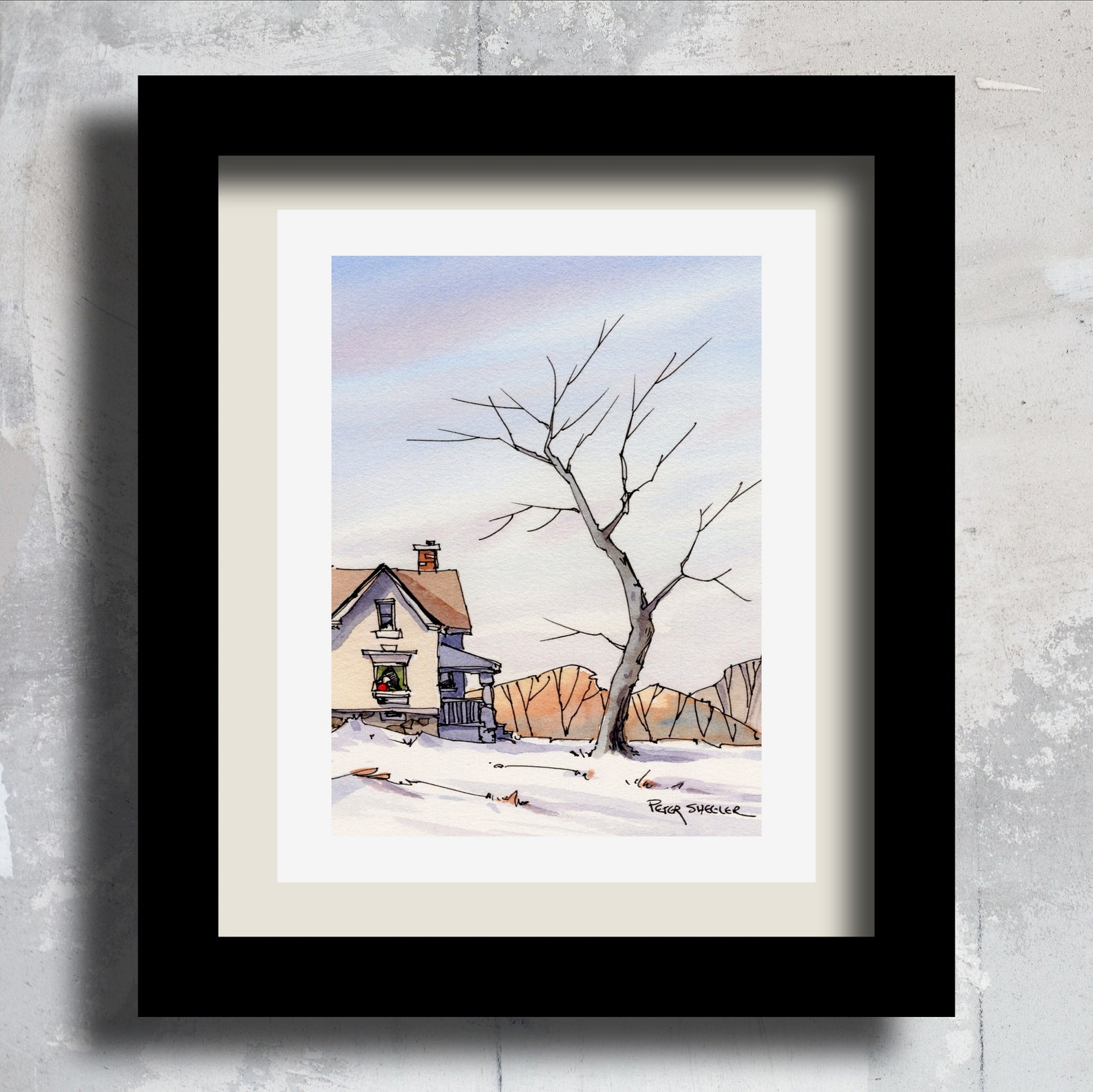 Paint Along Winter Farmhouse Coloring Page, Watercolor Fine Art Wall ...
