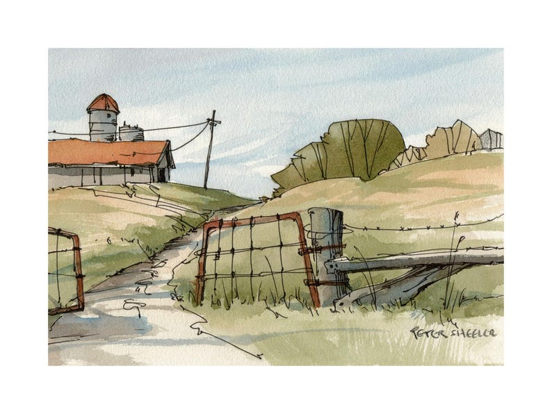 Paint Along Farm Gate and Barn, Coloring Page, Watercolor Fine Art Wall ...