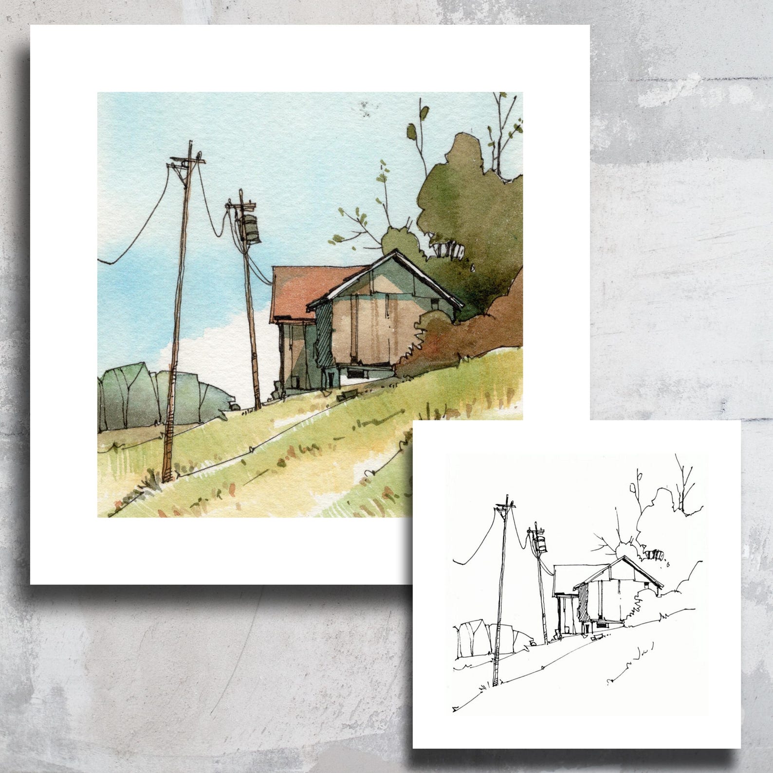 Farm and Barn Scene Coloring Page, Original by Peter Sheeler ...