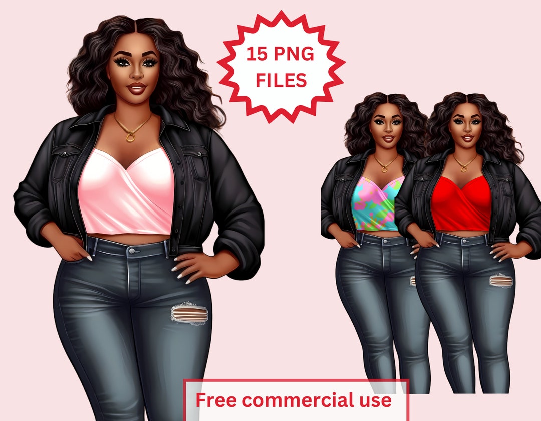 Fashion Clipart Girl, Denim Girl Clipart, Curvy Black Woman Clipart ...