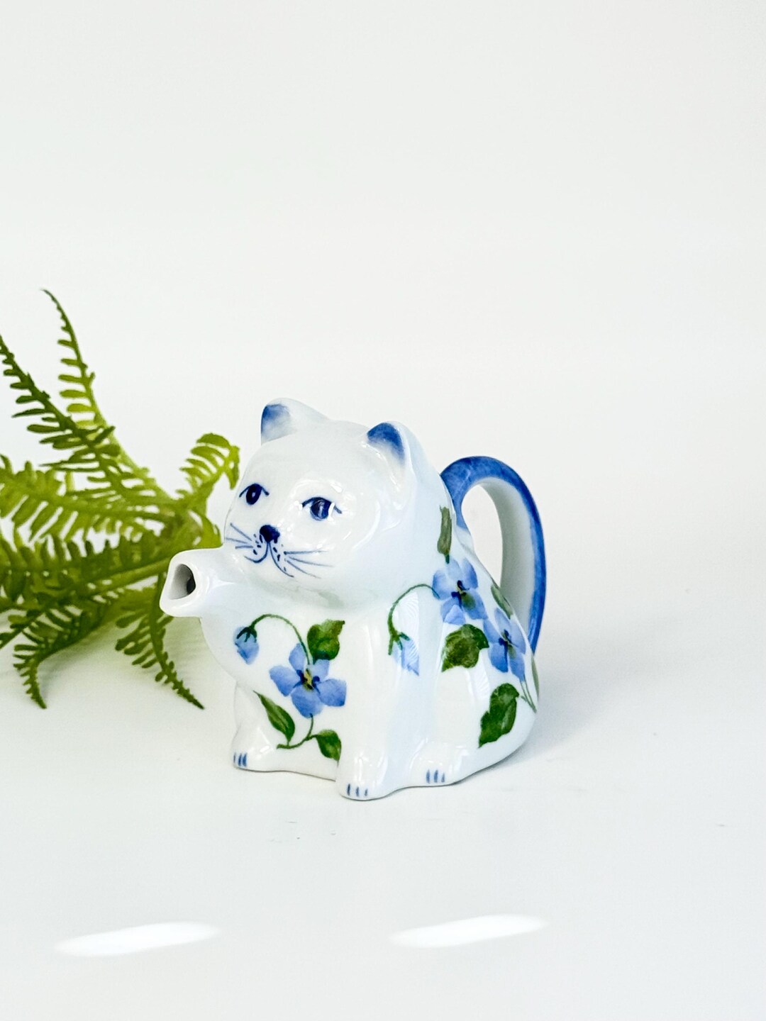 Cat Creamer Pitcher – Vintage Ceramic Kitty With Blue Flowers, Cottage ...