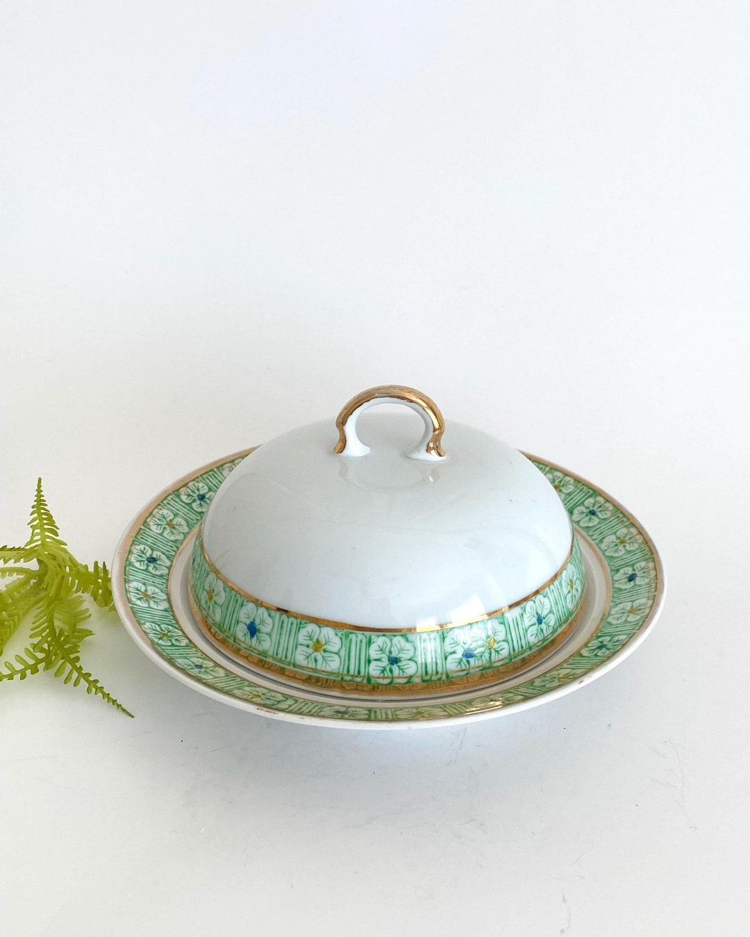Antique PK Unity Germany Covered Butter Dish, Green Shamrocks With Gold ...