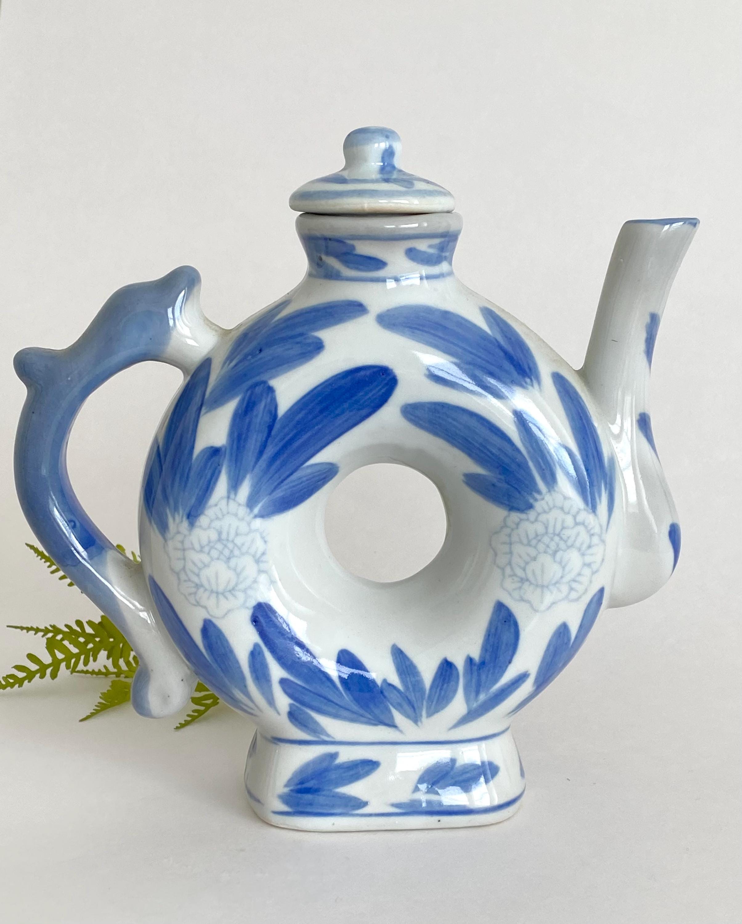Chinoiserie Donut Teapot, Unique Cobalt Blue Ceramic Vase for Asian ...