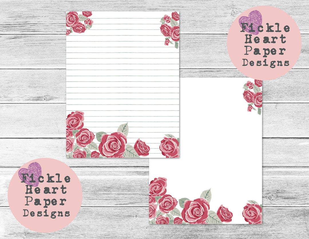 Floral Lined Paper. Printable Lined Paper. Letter Writing Roses Journal ...