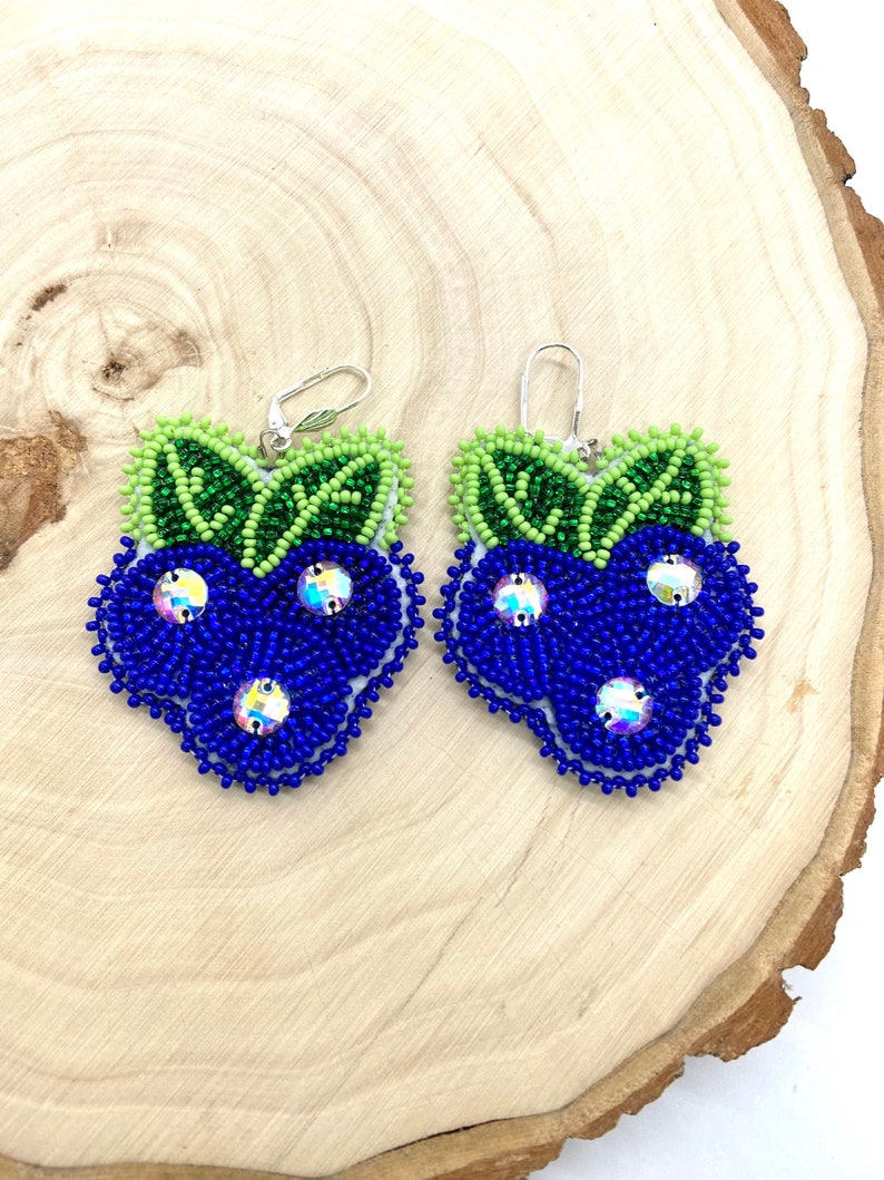 Blueberry Beaded Dangle Earrings With Crystal Centers - Etsy