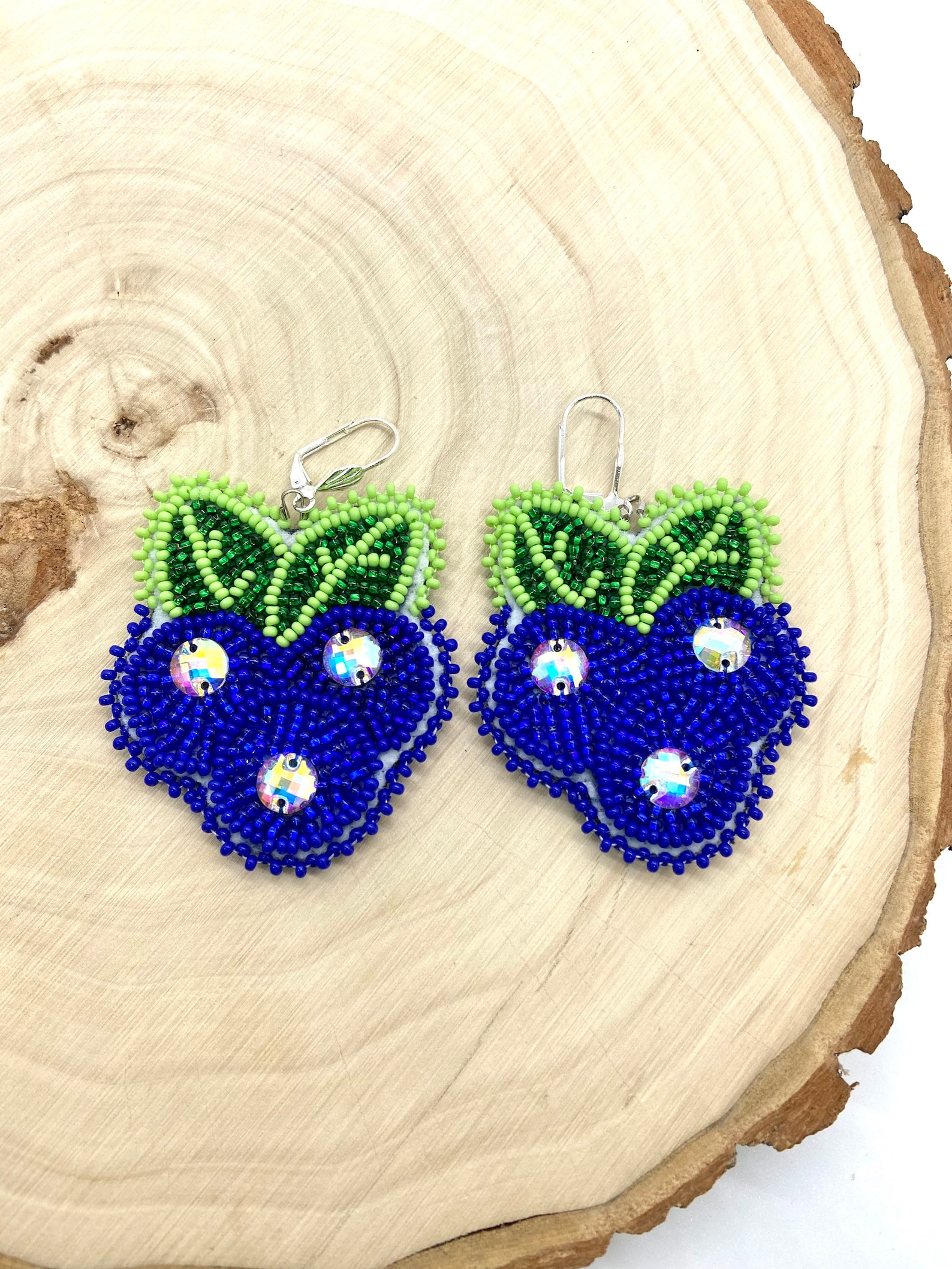 Blueberry Beaded Dangle Earrings With Crystal Centers - Etsy