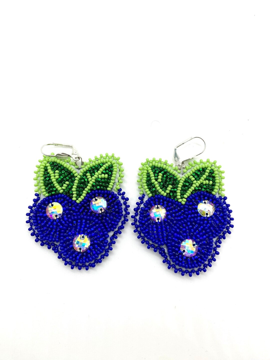 Blueberry Beaded Dangle Earrings With Crystal Centers - Etsy