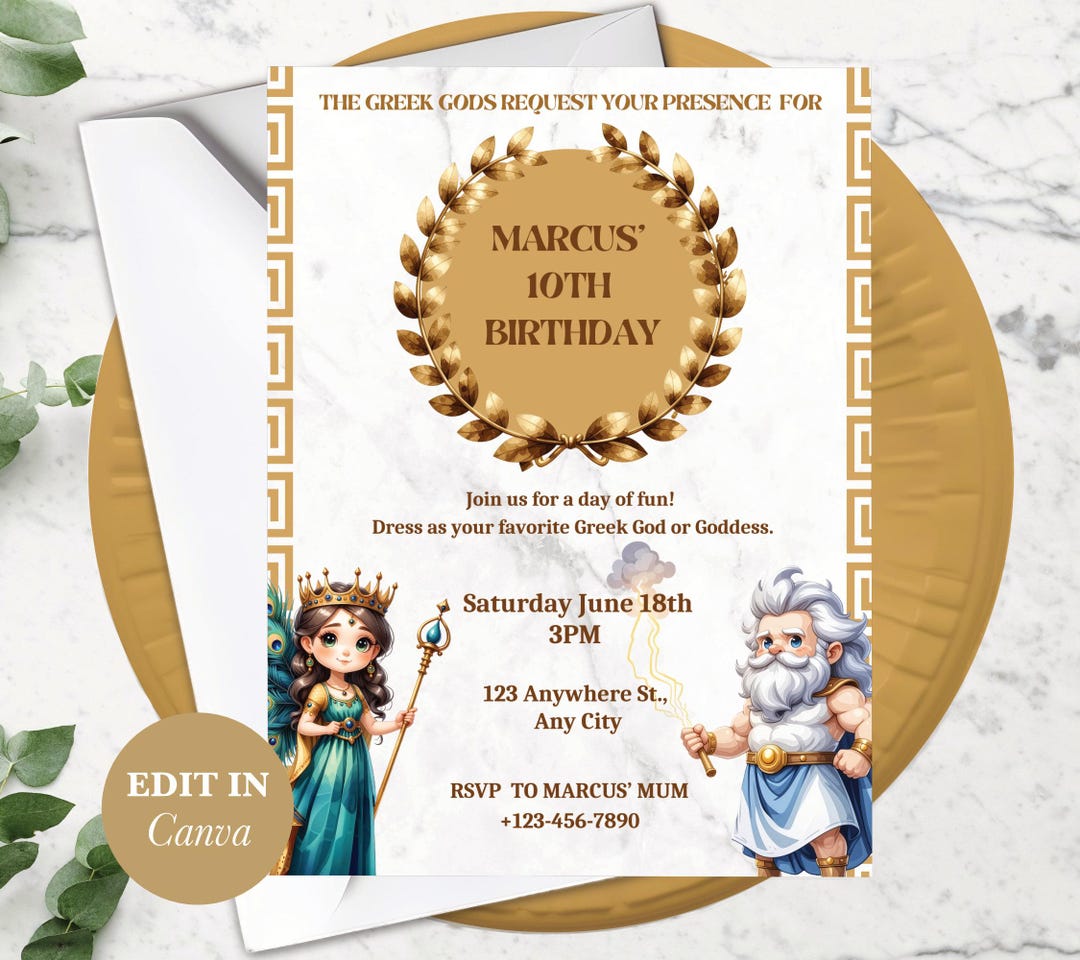 Greek Mythology Party Invitation, Editable Canva Template, Birthday ...