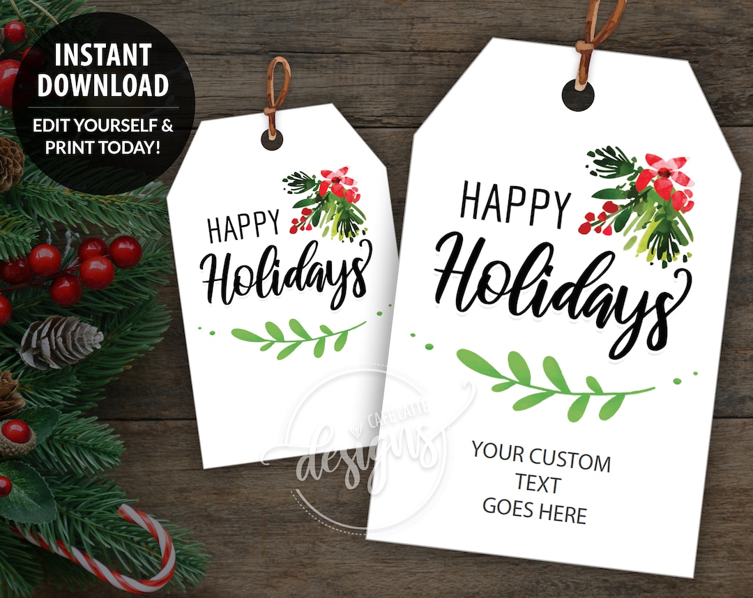 HAPPY HOLIDAYS Printable Gift Tags, Editable Personalized Favor Tags ...