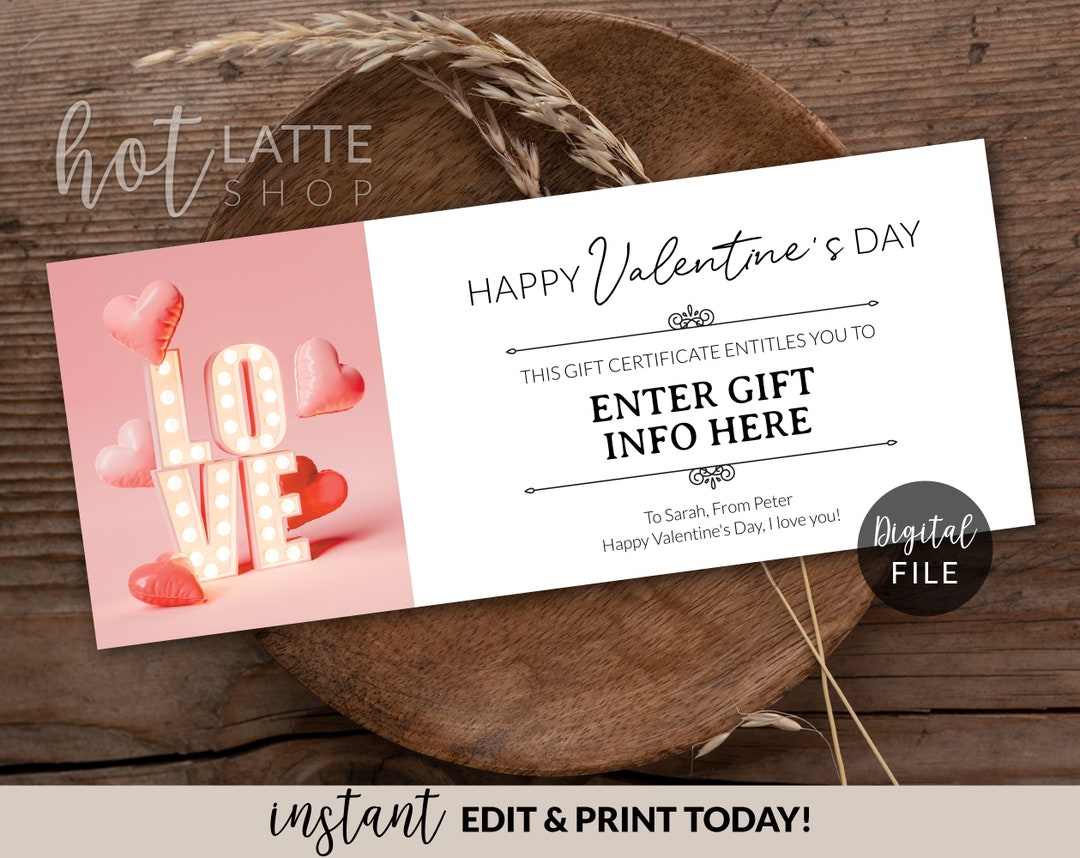 Valentines Day Gift Certificate Editable Template, Personalized Happy ...