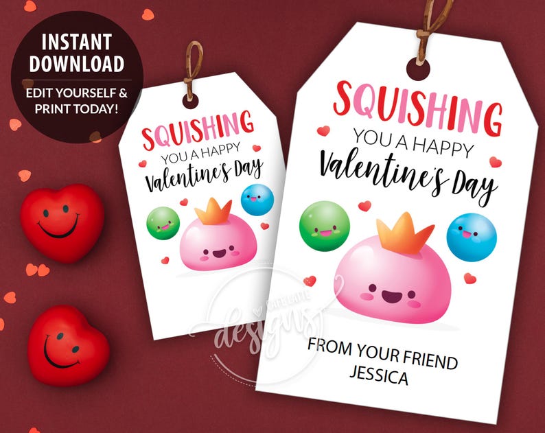 VALENTINES Squishy Gift Tags Printable, Custom School Kids Friends Gift ...