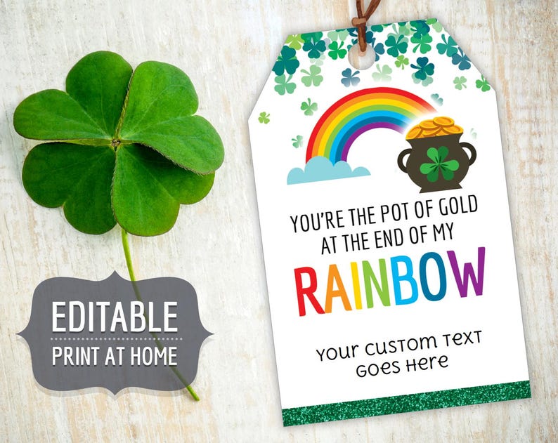 St Patricks Gift Tags Printable With Pot of Gold and Rainbow, Editable ...