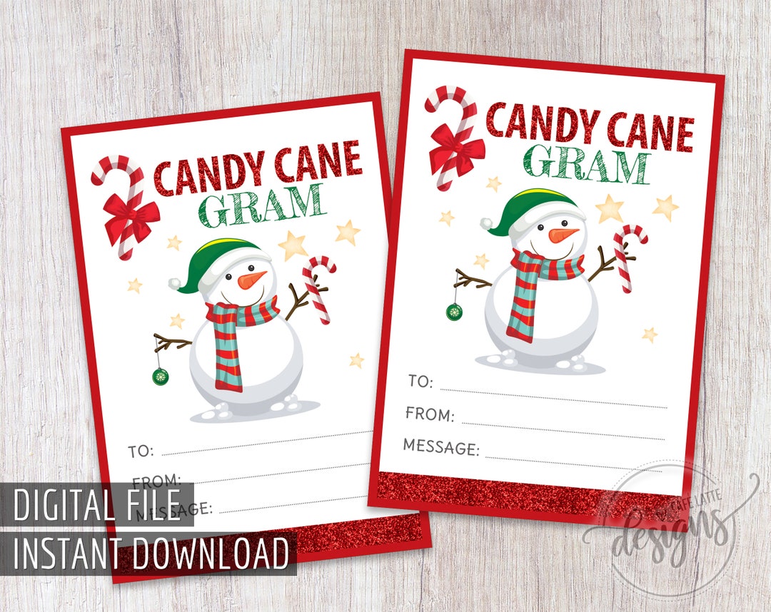 CANDY CANE GRAM Printable Holiday Tags, Snowman Favor Tags, Digital ...