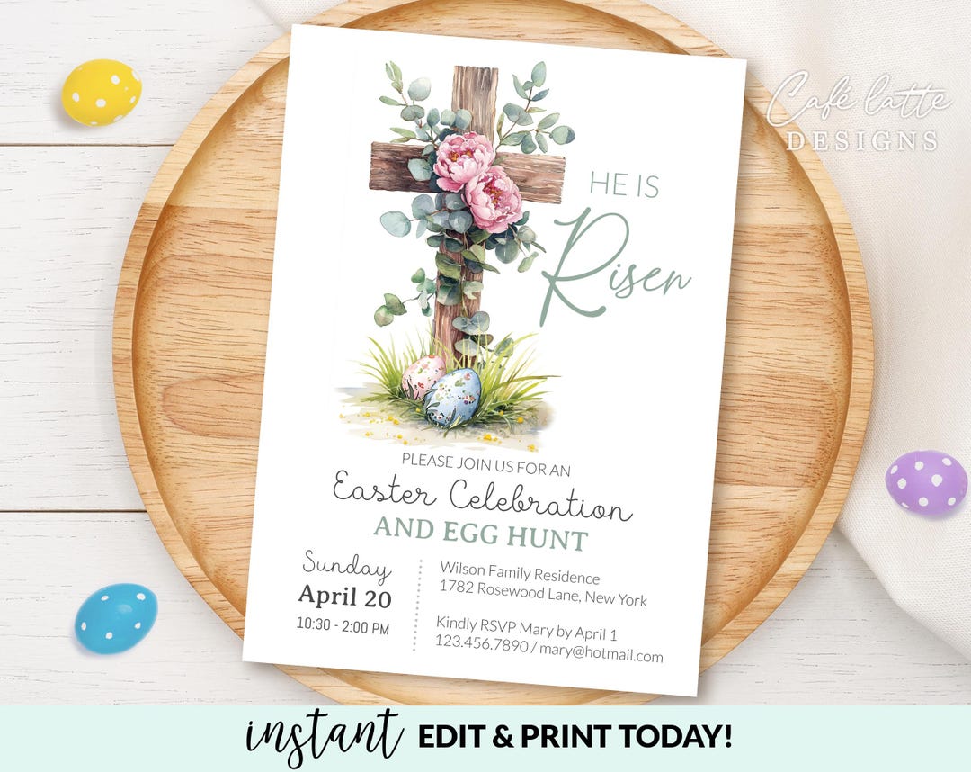Easter Invitation He is Risen, Religious Easter Invitation With Cross ...