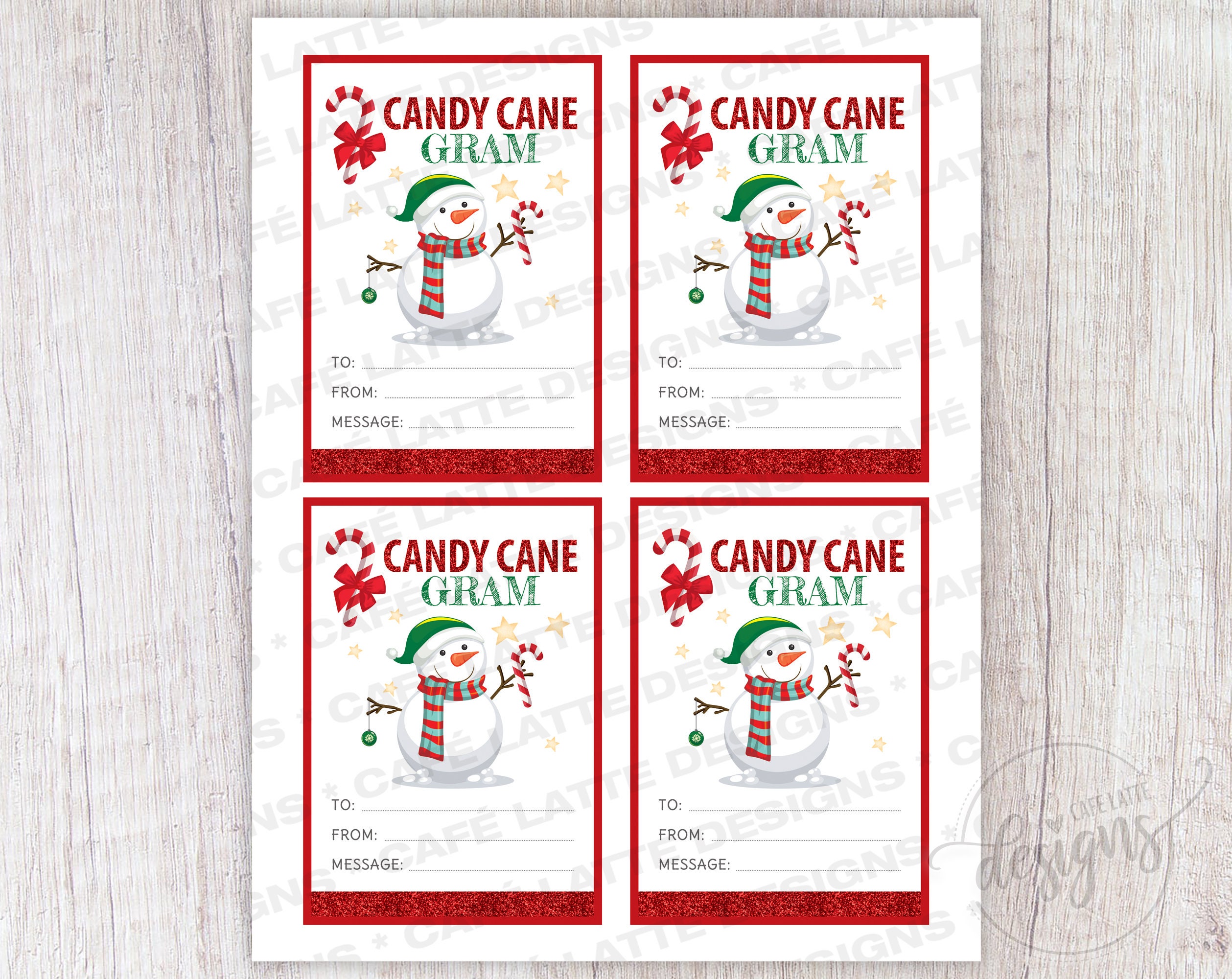 CANDY CANE GRAM Printable Holiday Tags, Snowman Favor Tags, Digital ...