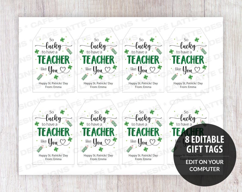 St Patricks Teacher Gift Tags Printable, St Patricks Gift Tags Editable ...