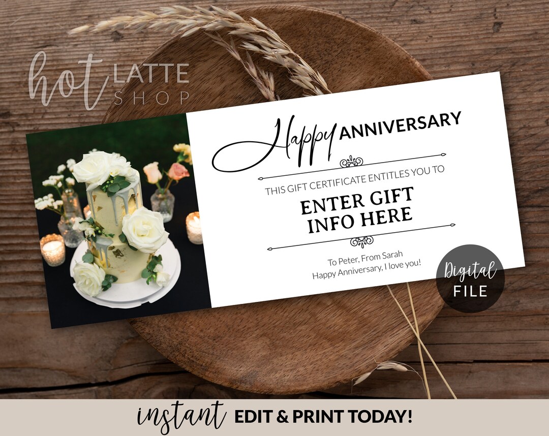 Anniversary Gift Certificate Editable Template, Personalized Happy ...