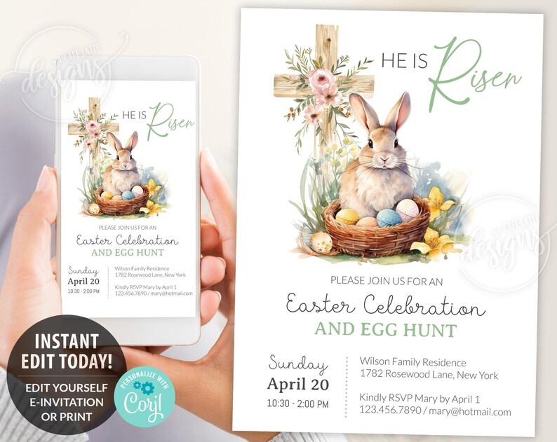 Easter Invitation He is Risen, Religious Easter Invitation Bunny ...