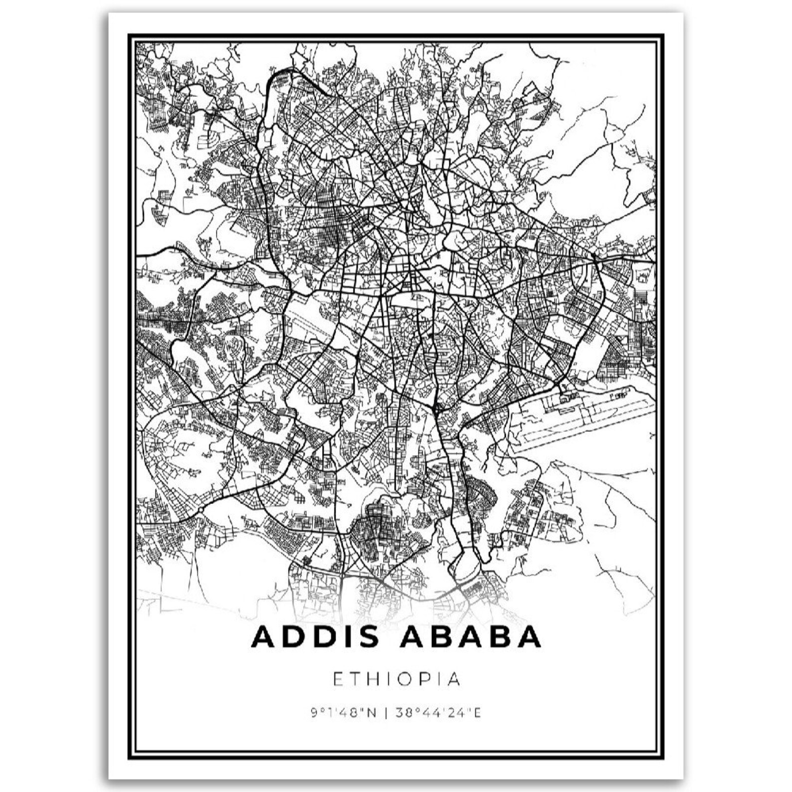 Addis Ababa Map Print Ethiopia Map Art Poster Abeba Africa - Etsy