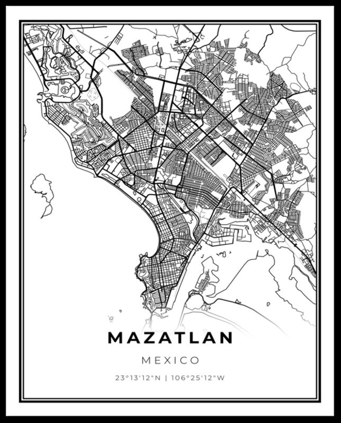 Mazatlan Mexico Map Art Print: Cityscape Wall Art - Etsy