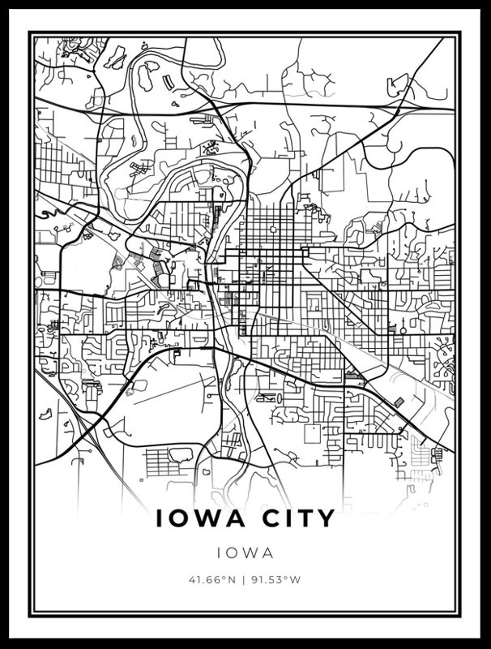 Iowa City Map Print, Iowa IA USA Map Art Poster, UI Uiowa, City Road ...