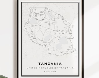 Tanzania Vintage Map Poster Print, Country Street Road Map Wall Art ...