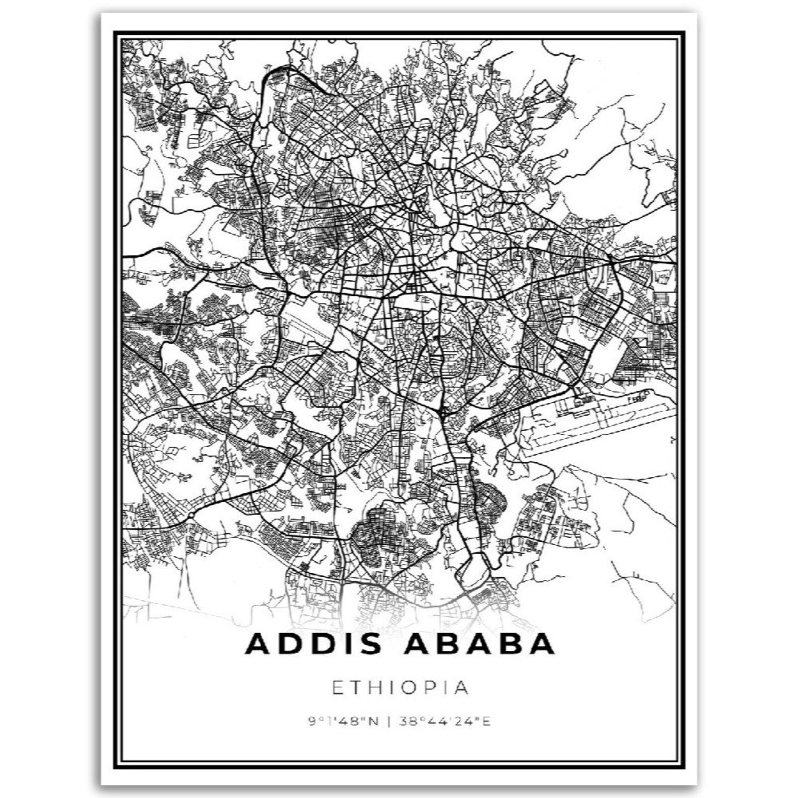 Addis Ababa Map Print Ethiopia Map Art Poster Abeba Africa - Etsy