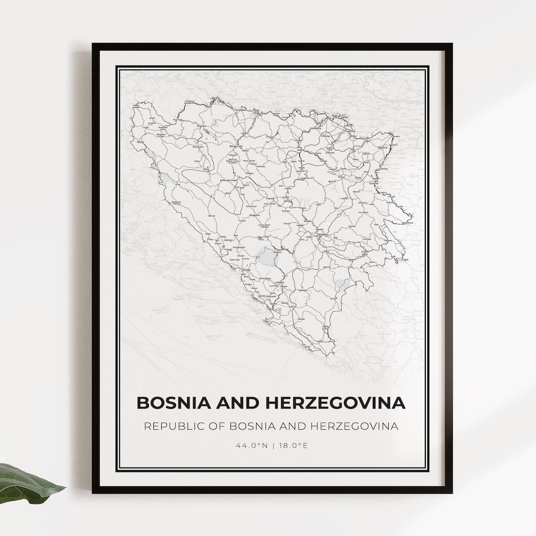 Bosnia and Herzegovina Map Poster Print, Country Street Road Map Wall Art, Country Decor ...